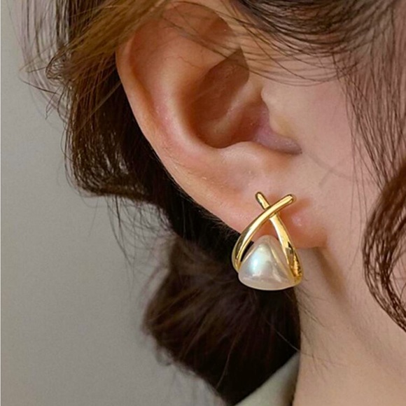 Jewelry | Luxe Statement Pearl Triangle Golden Cross Earrings | Poshmark